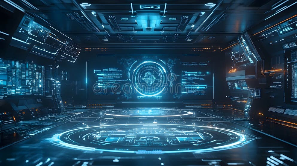 Futuristic Blue Digital Control Room Interior with Glowing Interfaces ...