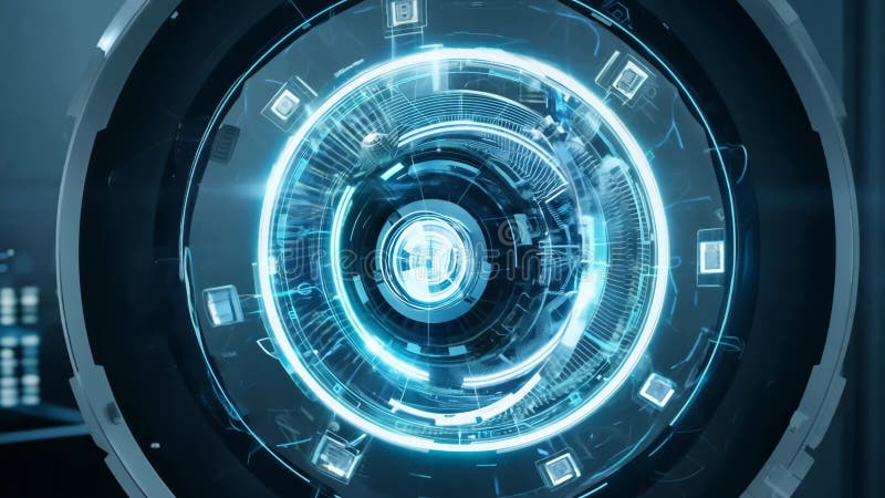 Futuristic Blue Energy Core Activation in Spinning Hightech Interface ...