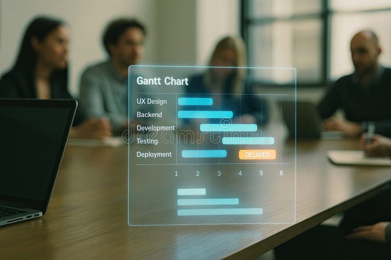Futuristic Blue Gantt Chart Visualization during Strategic Team Meeting ...
