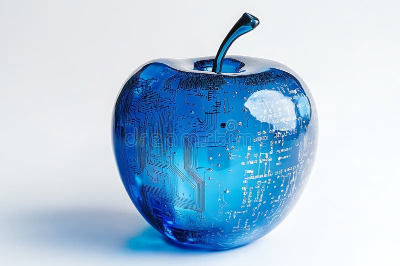 Futuristic Blue Glass Apple with Circuit Board Design, Technology ...
