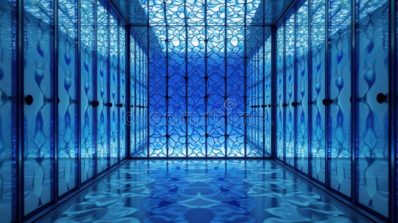 Futuristic Blue Glass Corridor with Geometric Patterns and Reflections Stock Image - Image of ...