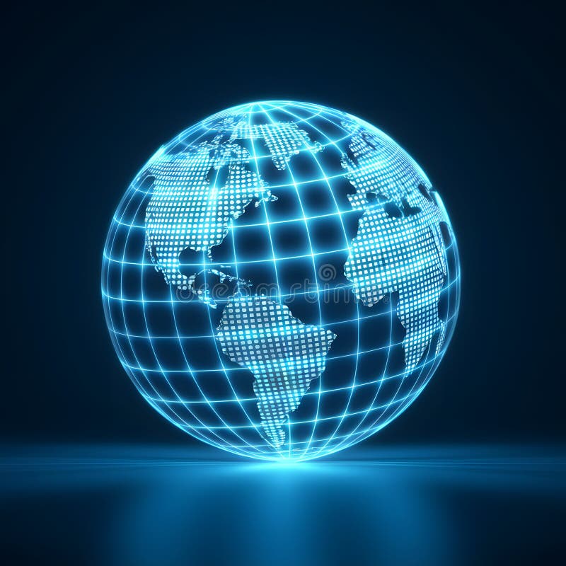Futuristic Blue Globe with Grid Pattern, Glowing Against Dark ...