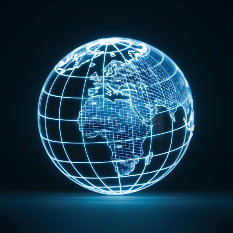 Futuristic Blue Globe with Grid Pattern, Glowing Against Dark ...