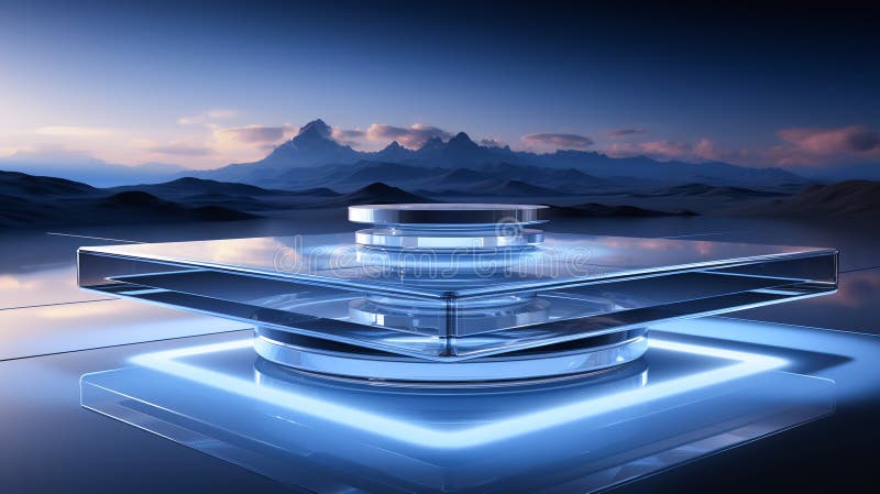 Futuristic Blue Glow Presentation Podium on Serene Landscape Backdrop ...