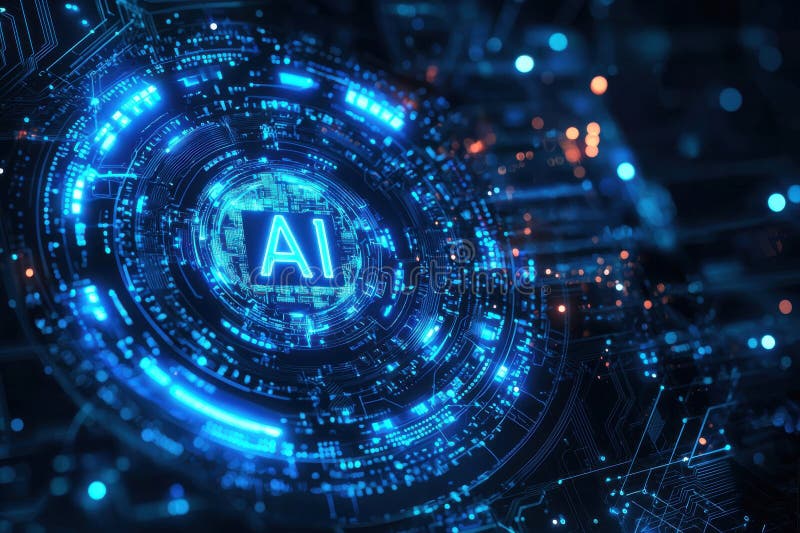 Futuristic Blue Glowing Circuit with AI Emblem in a Digital Environment ...