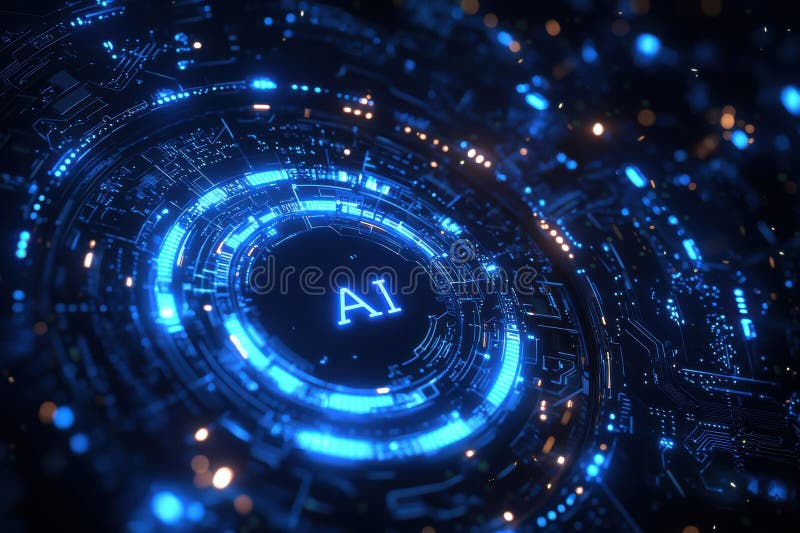 Futuristic Blue Glowing Circuit with AI Emblem in a Digital Environment ...