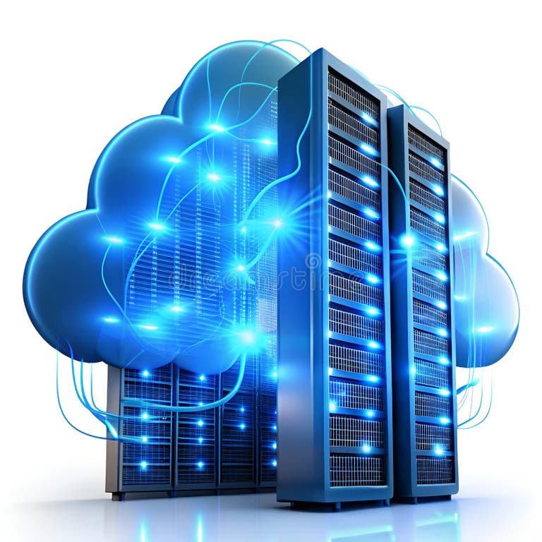 Cloud Computing Digital Data Server Network Technology Blue Glowing Isolated on White Background ...
