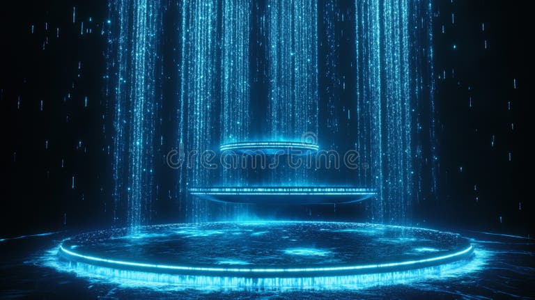 Futuristic Blue Glowing Platforms with Digital Rain Stock Photo - Image ...