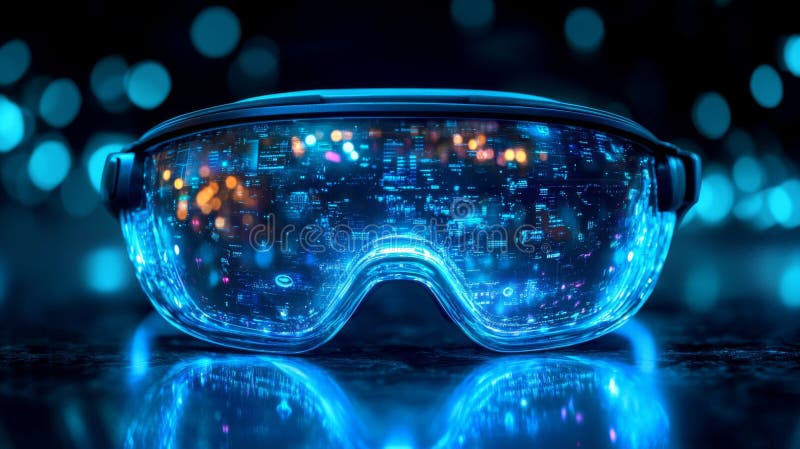 Futuristic Blue Goggles with Digital Data Display in Dark Setting Stock ...