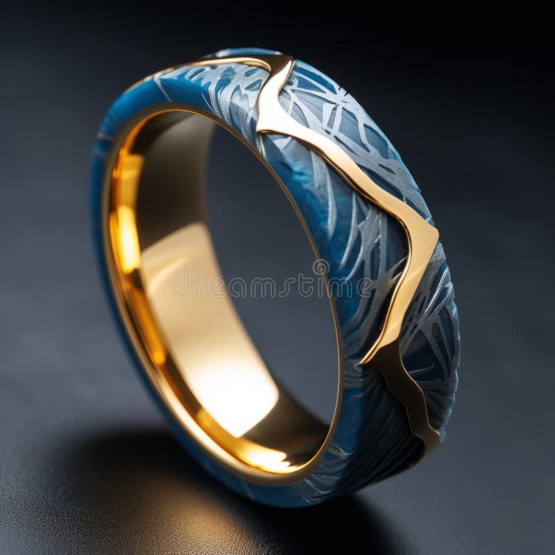Futuristic Blue and Gold Textured Wedding Ring with Rubber and Subtle ...