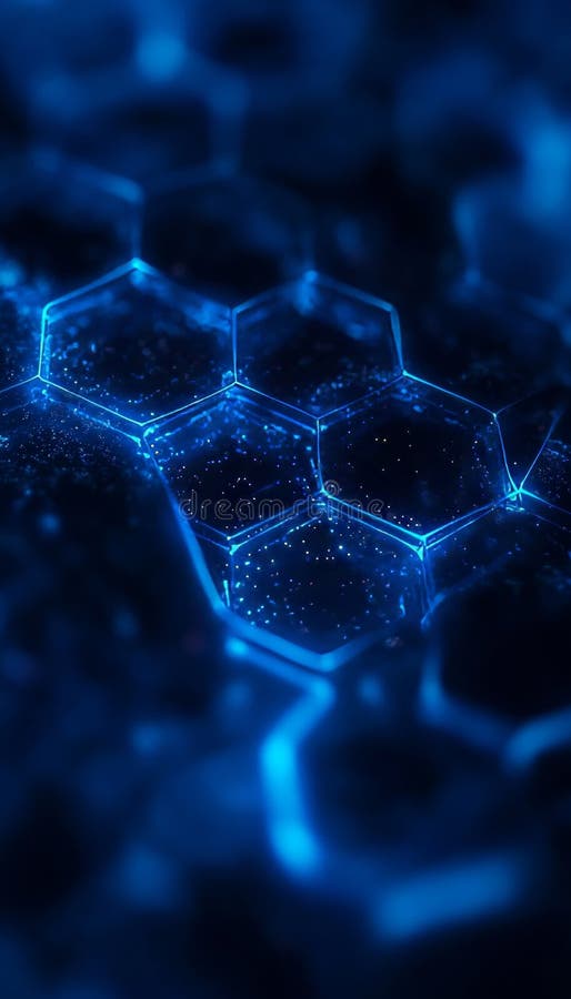 Futuristic Blue Hexagon Pattern Connecting Lines, Light Flares, Black ...