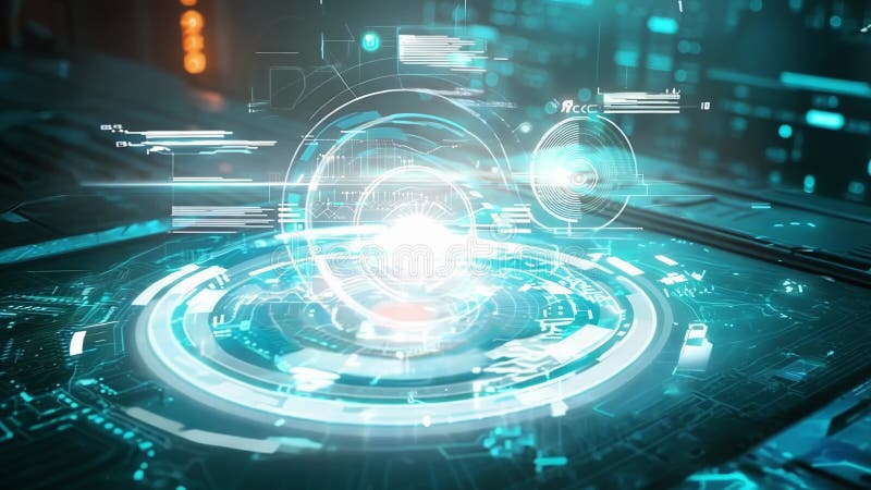 Futuristic Device Controlling Glowing Circuit Board with Data Flow ...