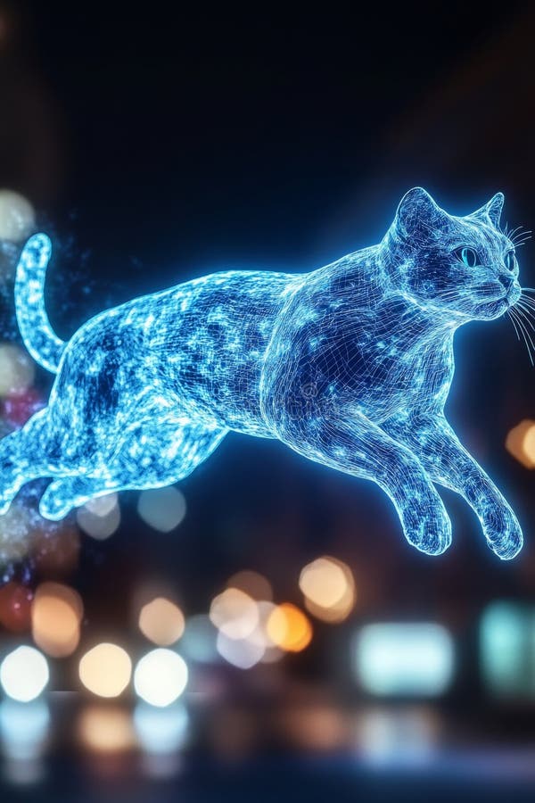 Futuristic Blue Holographic Cat Leaping in Digital Space Symbol of ...
