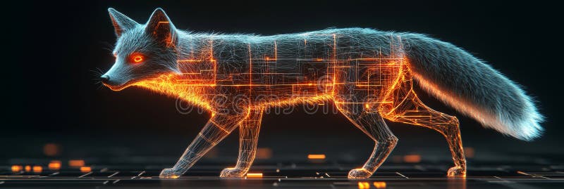 Futuristic Blue Holographic Fox on Dark Background, Rendered ...