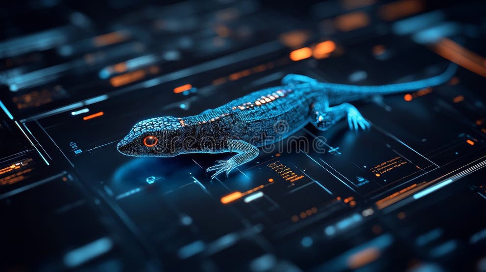 Futuristic Blue Holographic Lizard Navigating Digital Terrain, Modern ...