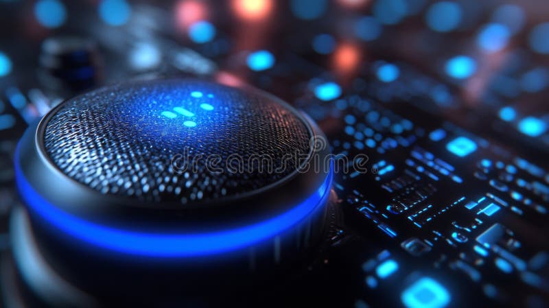 Futuristic Blue Illuminated Audio Device on Circuit Board Stock ...