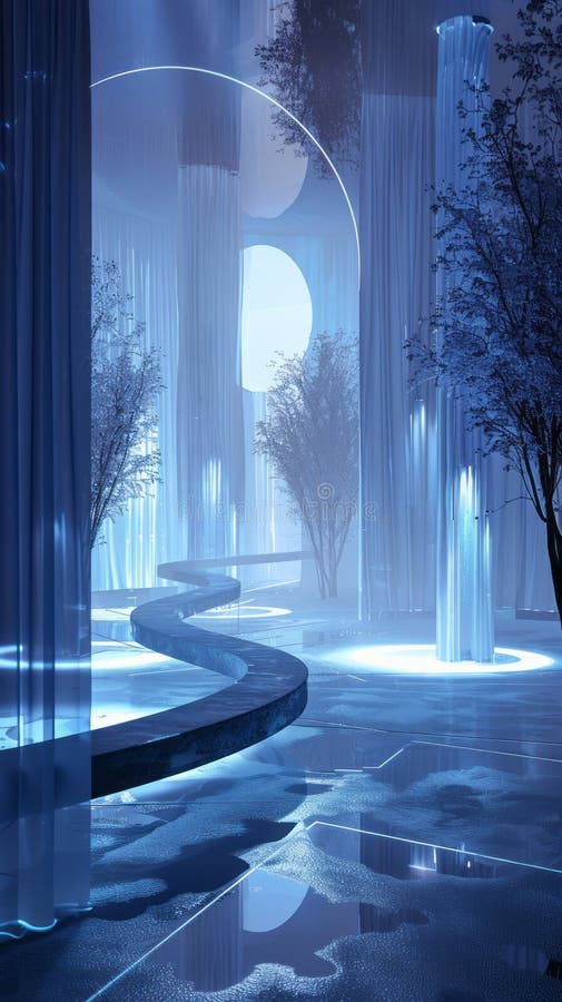 Futuristic Blue Interior with Curved Pathway Stock Illustration ...