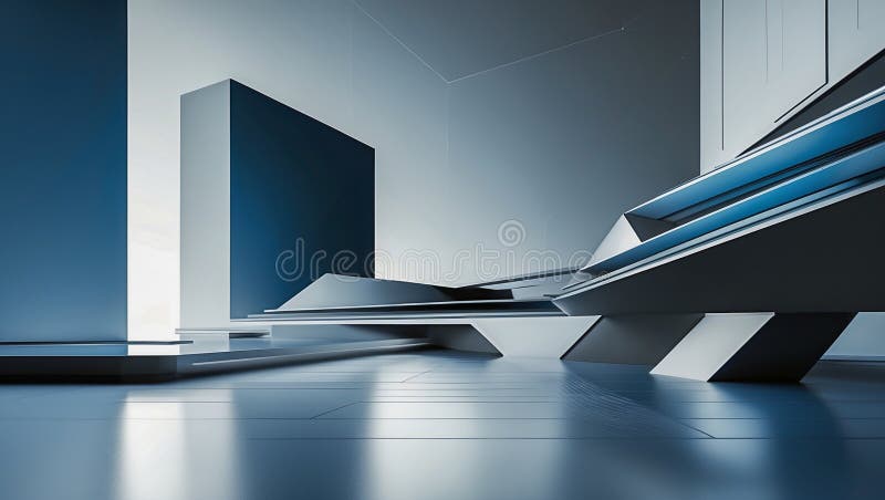 Futuristic Blue Interior with Geometric Architecture Stock Illustration - Illustration of ...
