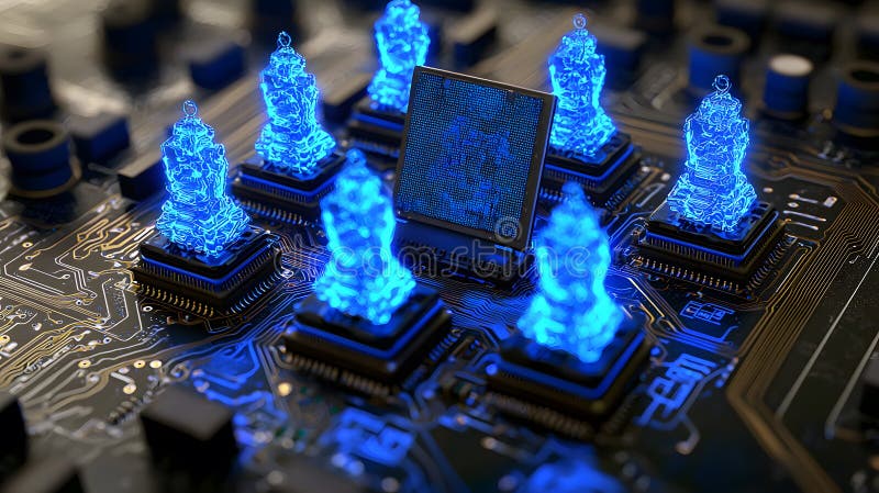 Futuristic Blue LED Circuit Board with Processors Stock Illustration ...
