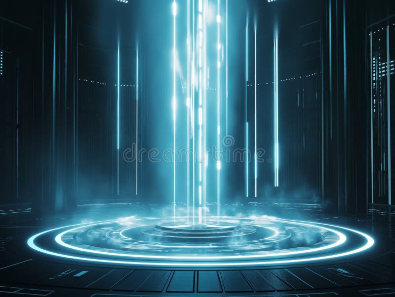 Futuristic Blue Light Portal in Dark Room Stock Image - Image of ...