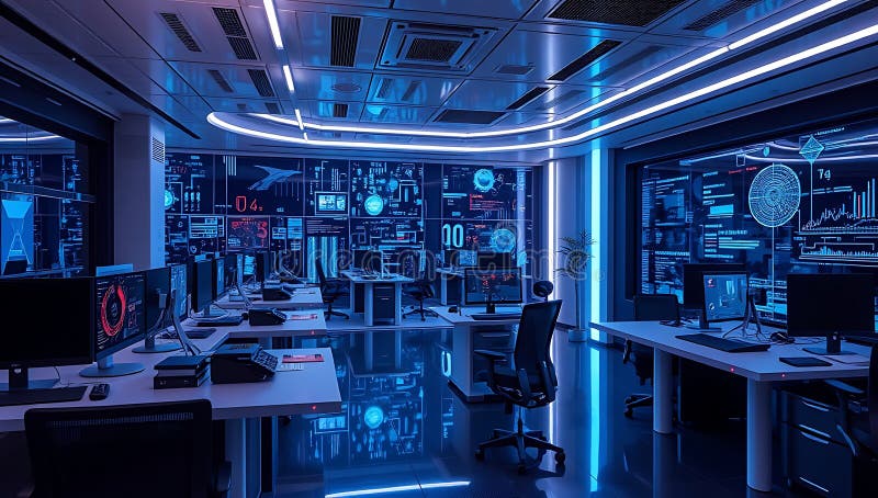 Futuristic Blue Lit Control Room with Multiple Computer Workstations ...