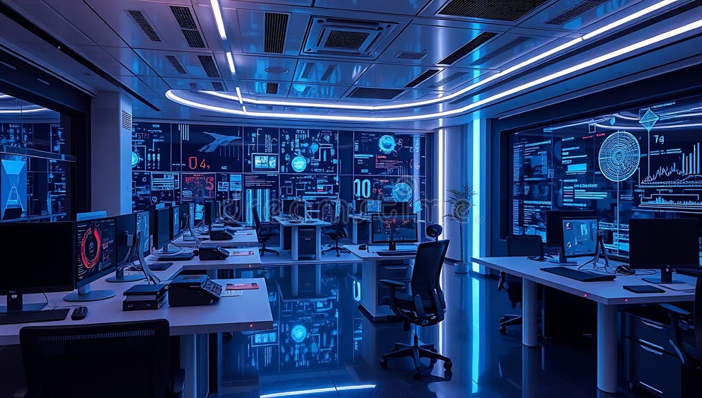 Futuristic Blue Lit Control Room with Multiple Computer Workstations ...