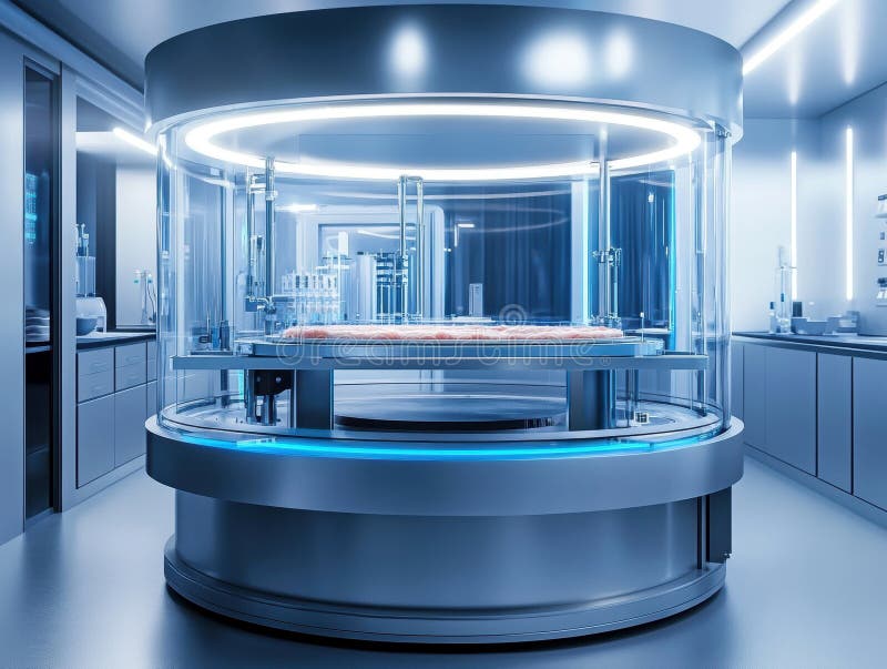 A Futuristic, Blue-lit Lab Showcases a Complex, Illuminated Circular ...