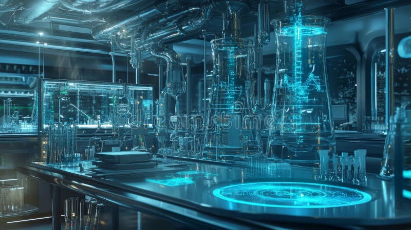 Futuristic Blue Lit Laboratory with Glowing Glass Equipment Stock ...