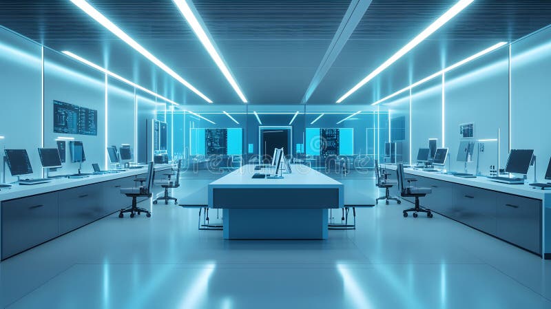 Futuristic Blue Lit Laboratory Interior with Sleek Workstations Stock ...
