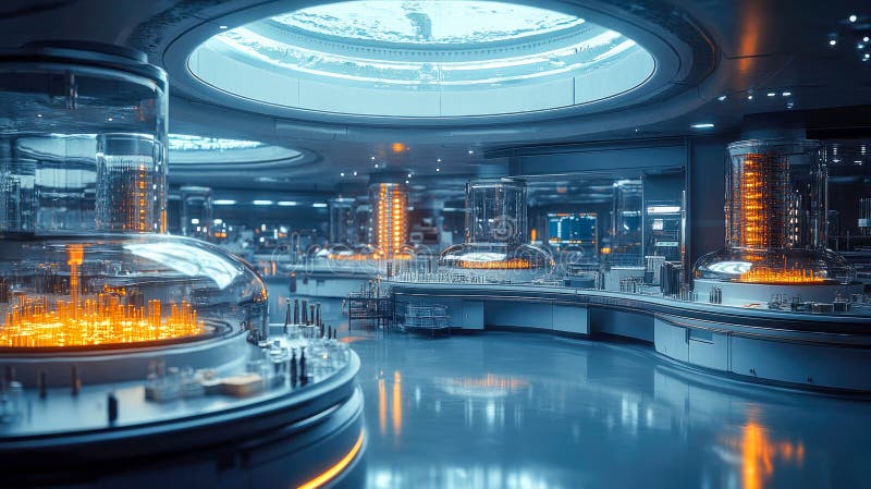A Futuristic Blue-lit Laboratory with Rows of Scientific Equipment and ...
