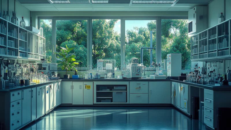 A Futuristic Blue-lit Laboratory with Rows of Scientific Equipment and ...