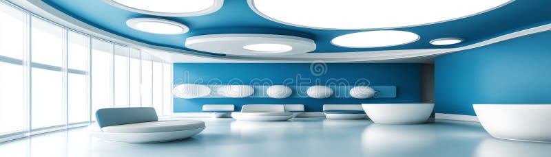 Futuristic Blue Lounge Organic Forms and Circular Lighting Stock ...