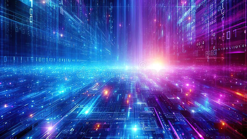 Futuristic Blue Matrix Background with Glowing Sun or Light in the ...