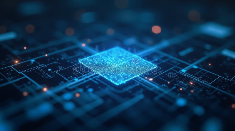 Futuristic Blue Microchip on a Glowing Digital Circuit Board Background ...