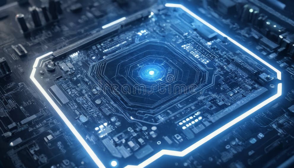 Futuristic Blue Microchip with Glowing Lights Stock Photo - Image of ...
