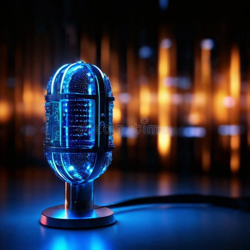 Futuristic Blue Microphone with Neon Lights in High-tech Environment ...