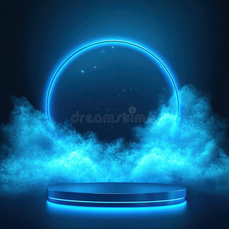 Futuristic Blue Neon Circle and Platform with Smoke Background. Stock ...