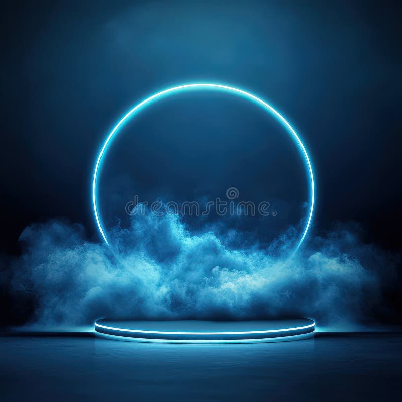 Futuristic Blue Neon Circle Stage with Atmospheric Smoke Stock ...