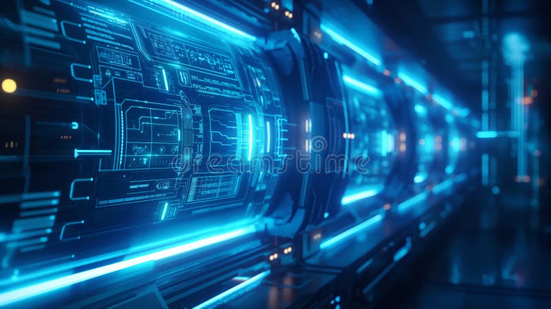 Futuristic Blue Neon Corridor with Digital Panels Stock Image - Image ...