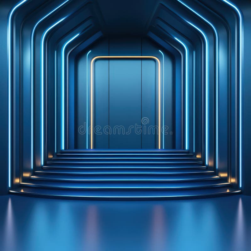 Futuristic Blue Neon Corridor with Steps and Doorway. Stock ...