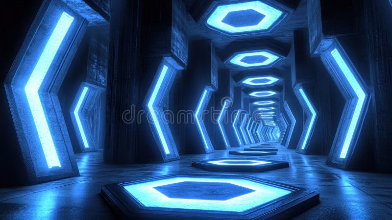 Futuristic Blue Neon Corridor, Stone Walls, Glowing Path, Digital Art ...
