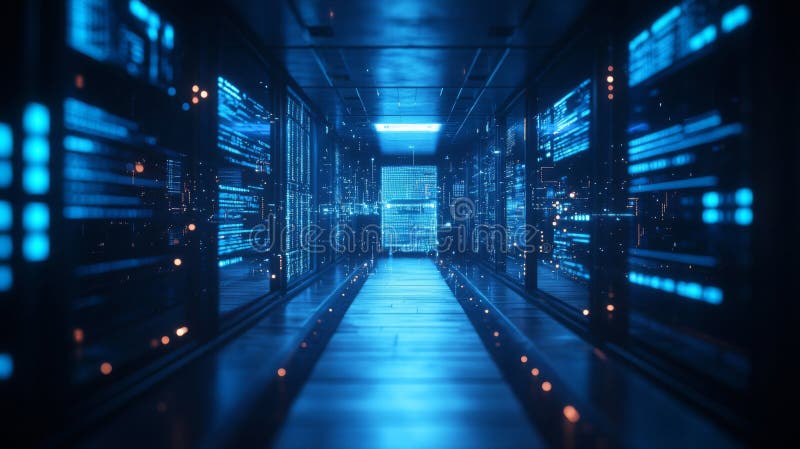 Futuristic Blue Neon Data Center Corridor Stock Illustration ...