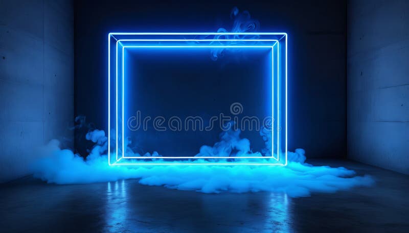 Futuristic Blue Neon Light Frame with Smoke in Dark Abstract Space ...