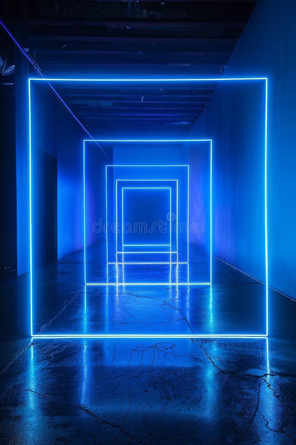 Futuristic Blue Neon Light Squares on Black Background Creating a ...