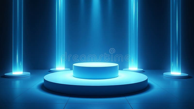 Futuristic Blue Neon Light Stage with Glowing Columns. Stock ...