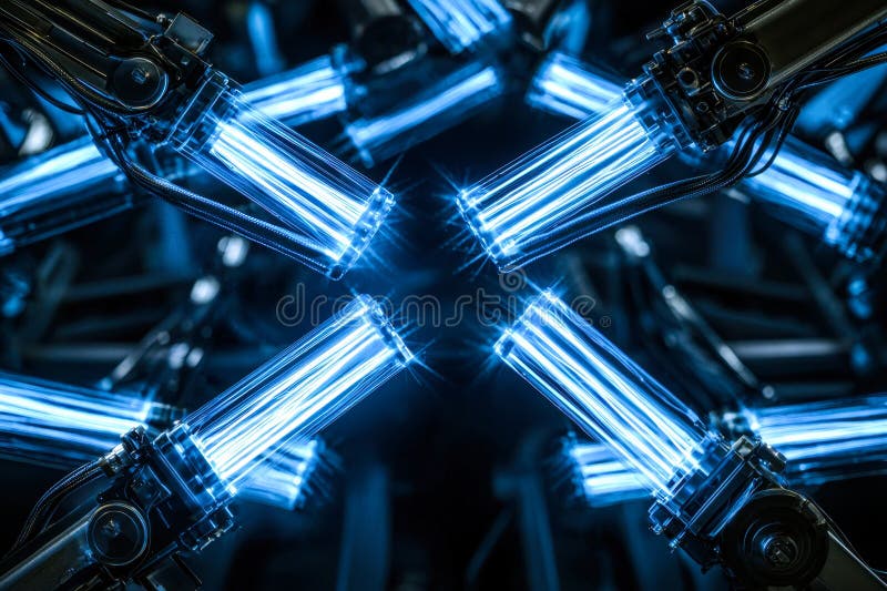 Futuristic Blue Neon Lights in Symmetrical Mechanical Pattern Stock ...
