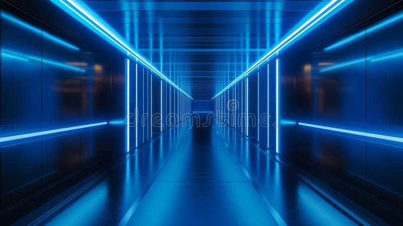 Futuristic Blue Neon Lit Corridor Stock Illustration - Illustration of ...