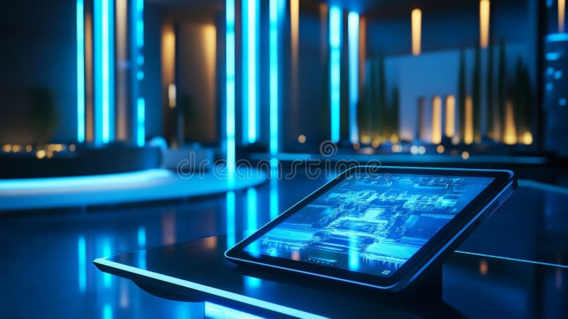 Futuristic Blue Neon Lounge with Digital Tablet Interface Display Stock ...