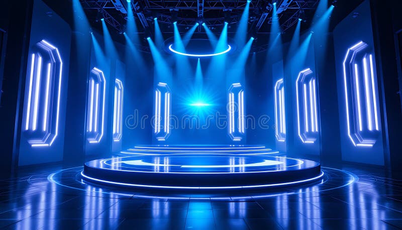 Futuristic Blue Neon Stage Design with Circular Platform Stock ...