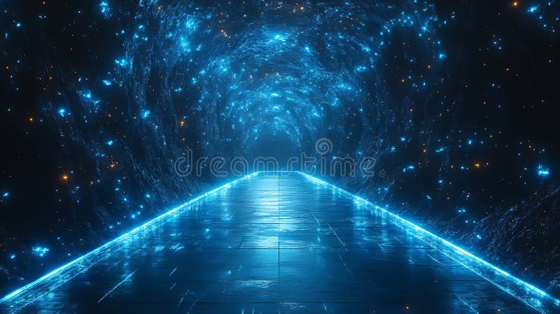 Futuristic Blue Neon Tunnel Pathway, Glowing Particles, Digital ...